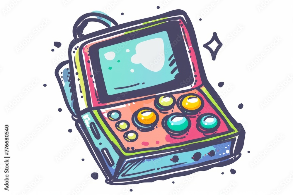 Cartoon cute doodles of a retro pager with colorful buttons and a tiny ...