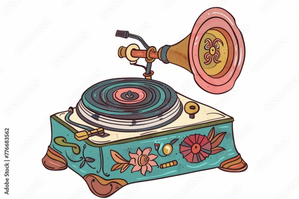 Cartoon cute doodles of an antique phonograph with colorful records and ...