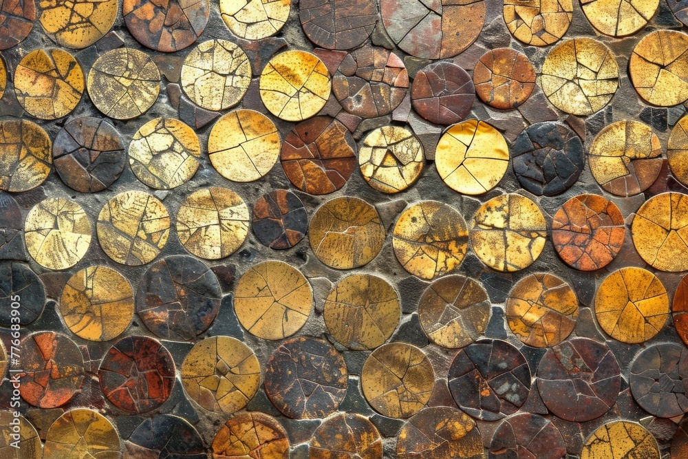 Opulence of Byzantine mosaics, circle tiny metallic tessera, form ...