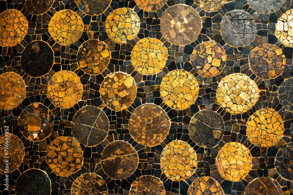 Opulence of Byzantine mosaics, circle tiny metallic tessera, form ...