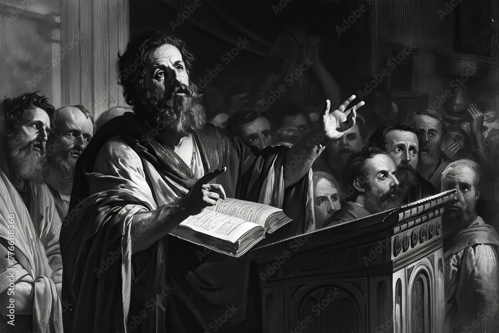 Apostle Paul passionately preaching the Gospel in the synagogue, early Christian ministry ...