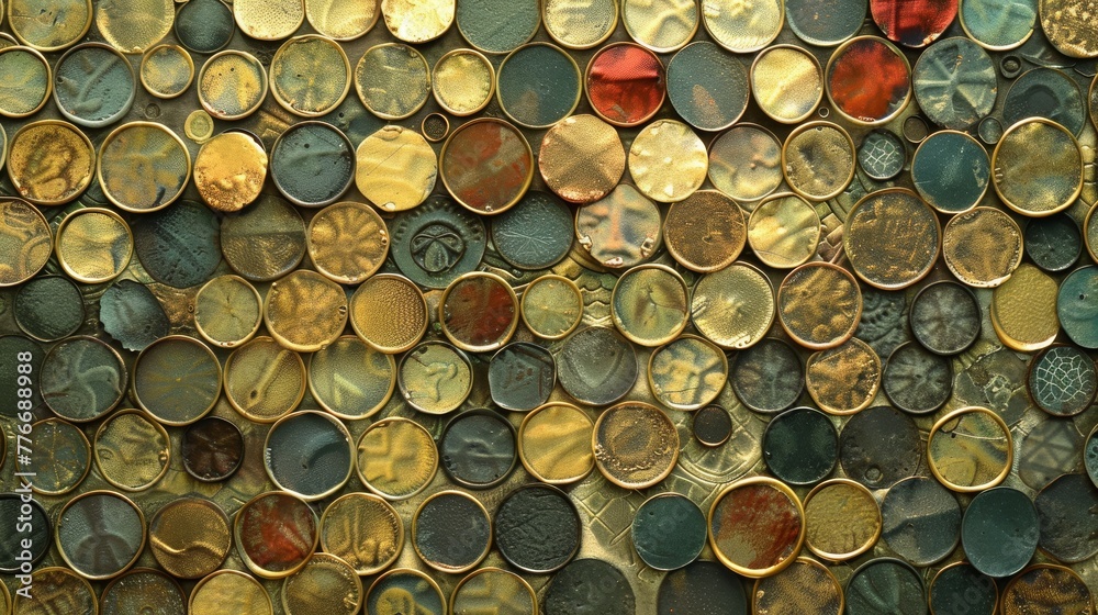 Opulence of Byzantine mosaics, circle tiny metallic tessera, form ...