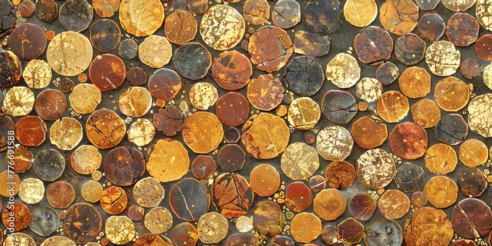 Opulence of Byzantine mosaics, circle tiny metallic tessera, form ...