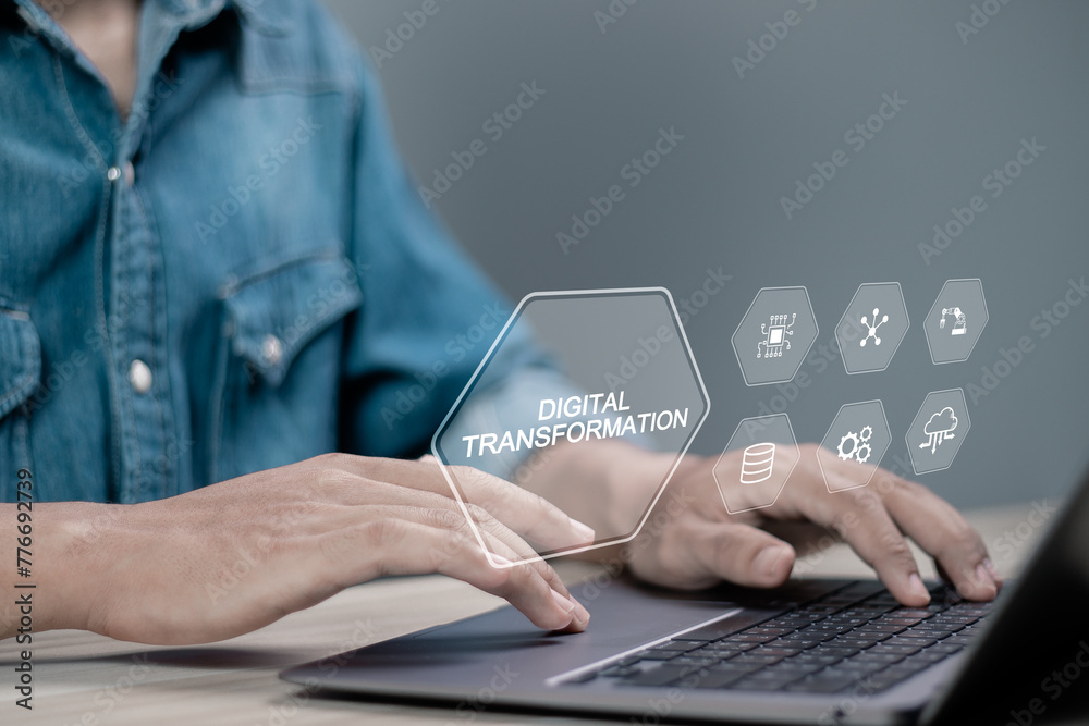 Digital transformation and digitalization technology. Person use laptop ...