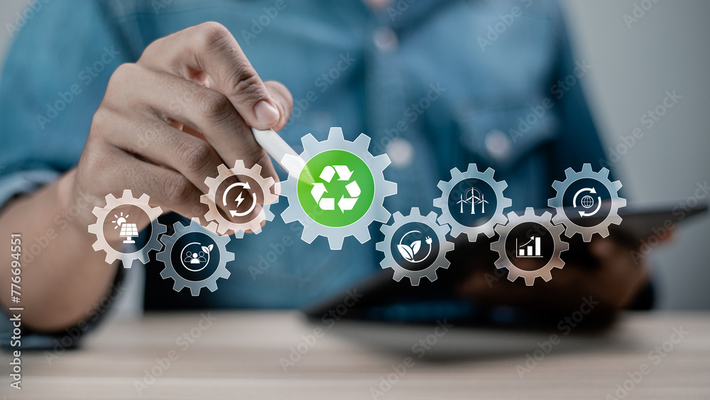 Sustainable development concept. Businessman touch energy icon of ...