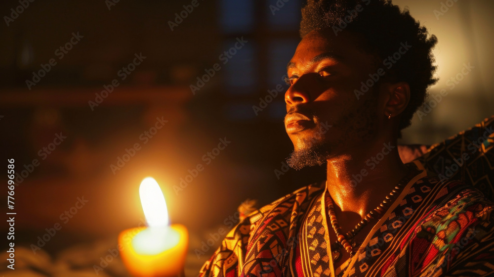 A handsome black man gazes thoughtfully into the distance his sharp ...