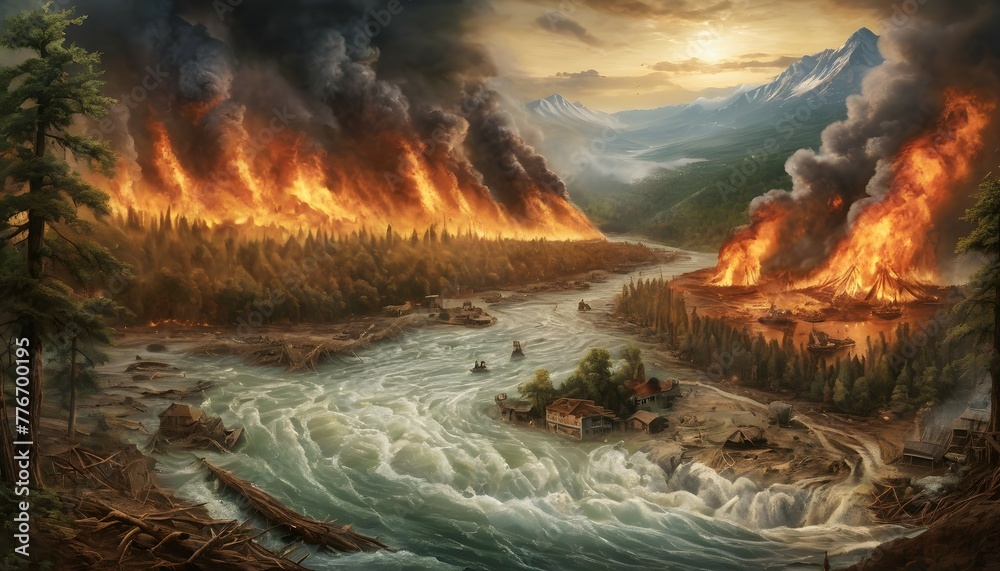 Climate change showing natural disasters, floods and forest fires ...