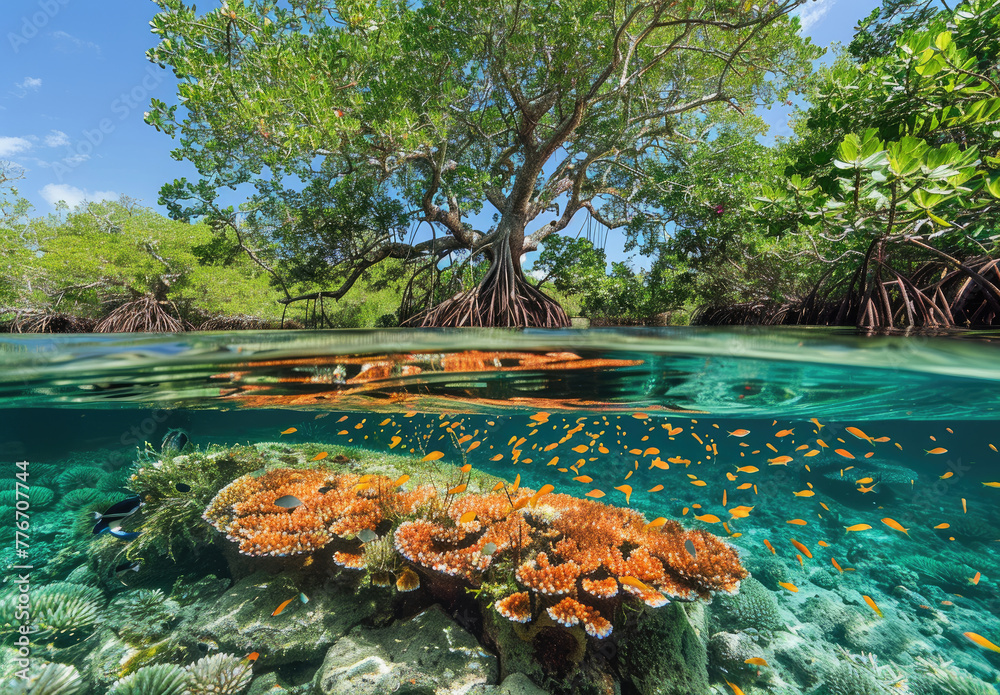 mangroves growing on both sides of shallow water with clear and ...