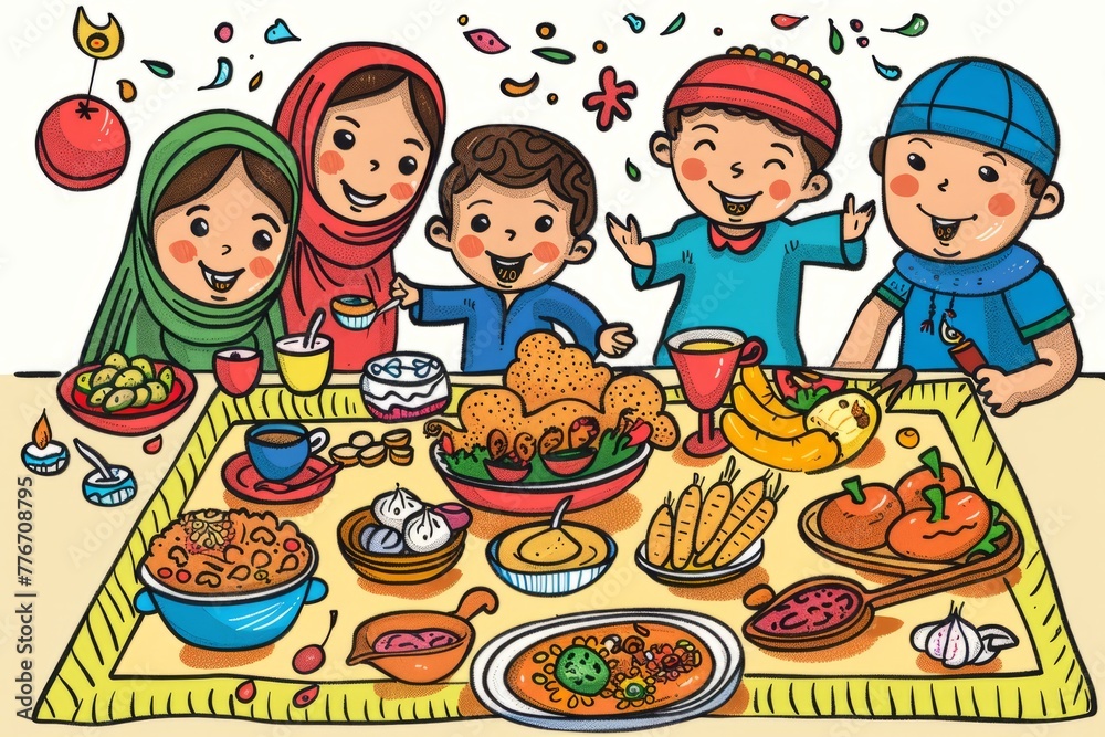 Cartoon cute doodles of families coming together to share a colorful ...