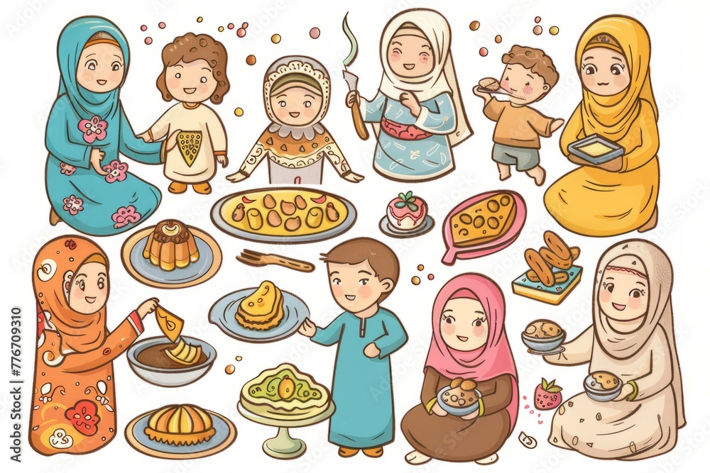 Cartoon cute doodles of families preparing and enjoying delicious ...
