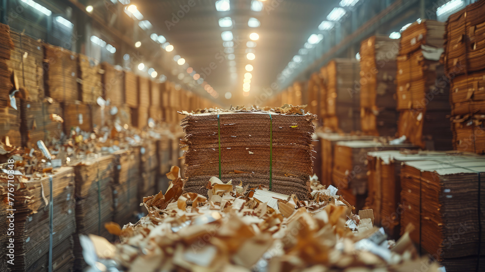 Sustainable cardboard factory: workers gather recycled materials for ...