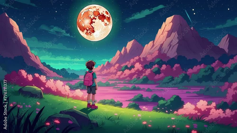 Little Boy looking at the Night sky in the moon and meteor shower ...