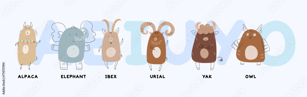 English vowels letter with animals, vector illustration set Stock ...