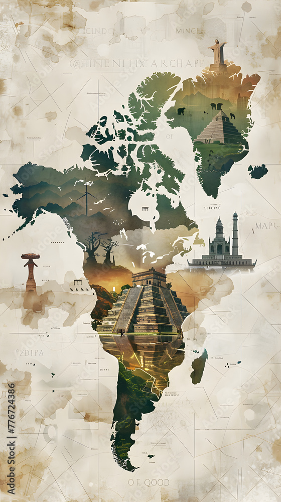 Stylized World Map Highlighting The Seven Wonders And Their Locations ...