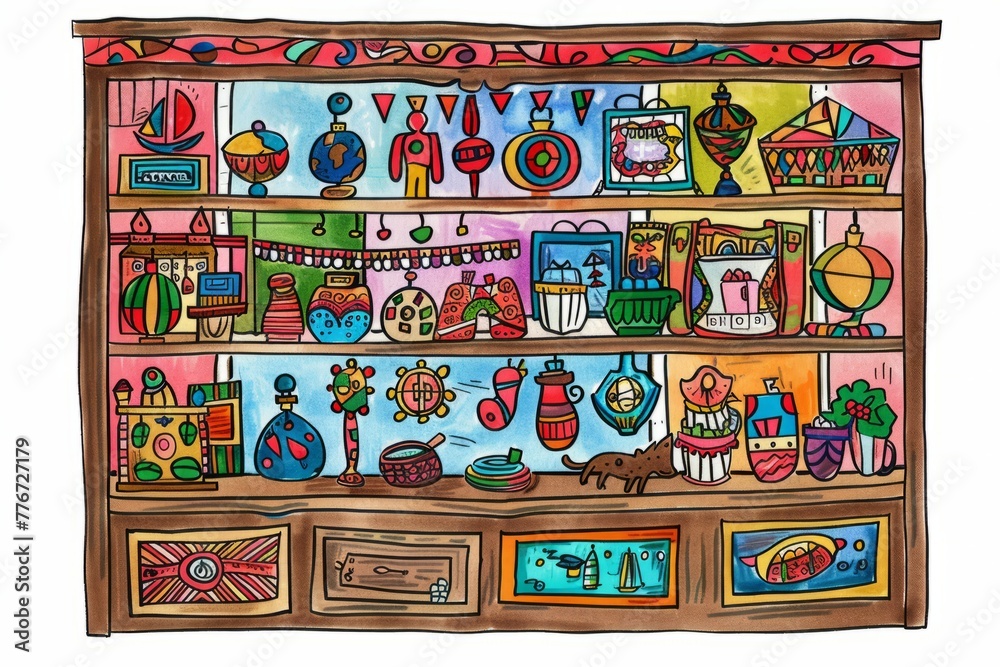 Cartoon cute doodles of a little gift shop with colorful trinkets and ...
