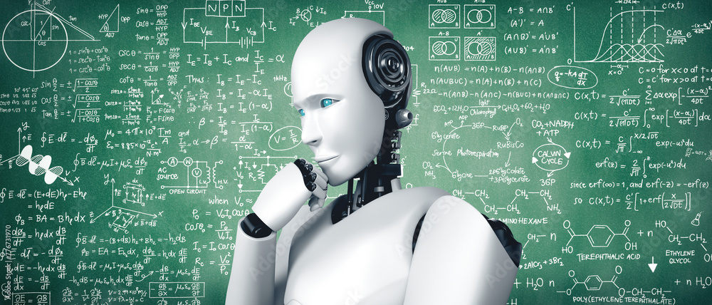 XAI 3d illustration Thinking AI humanoid robot analyzing screen of ...