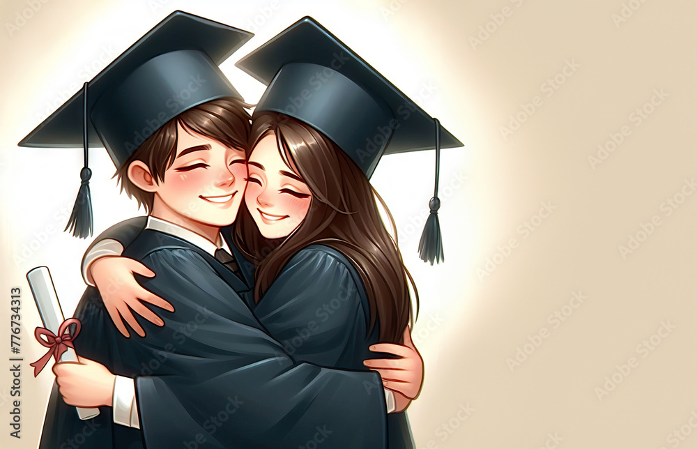 Anime style, guy and girl graduates hugging with mixed feelings ...