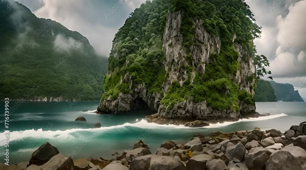 mountain and cliff in the middle of the sea, with large cliffs ...