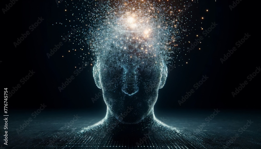 Monochromatic human head with a burst of star-like particles ...