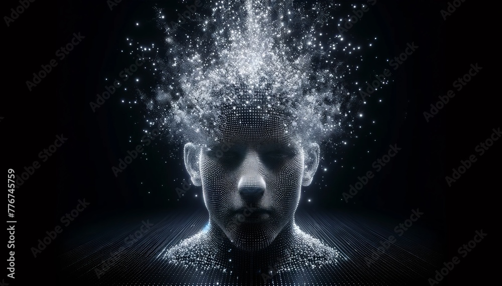 Frontal view of a human face with a particle explosion from the head ...