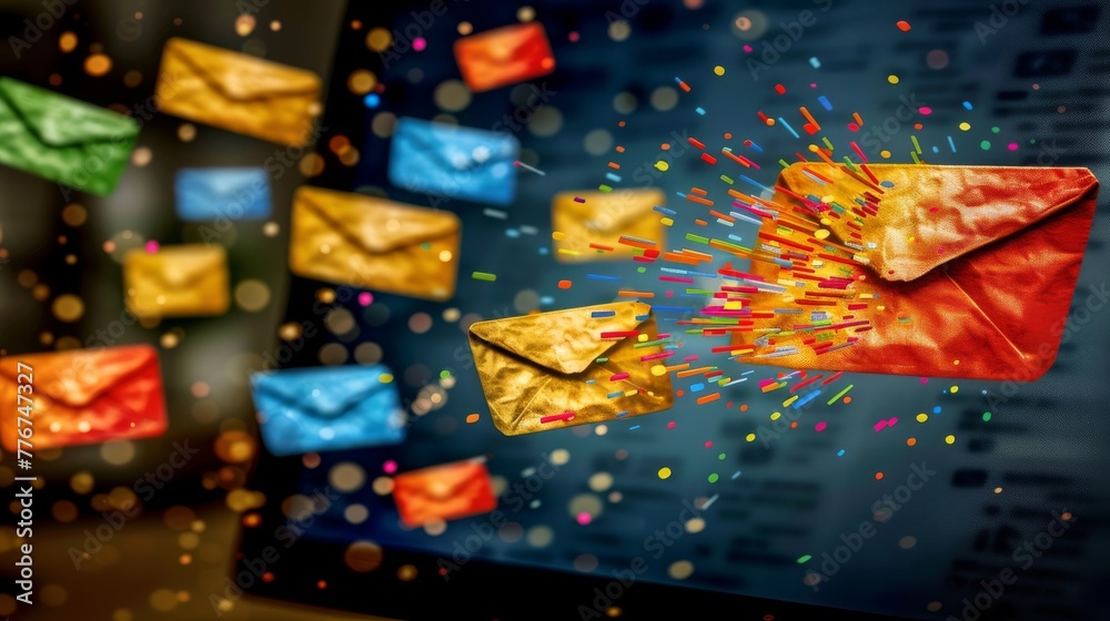 Multiple fiery email envelopes emerging from a computer screen against ...
