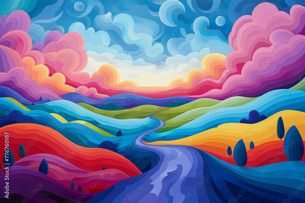 Create a dreamlike abstract cartoon landscape where landscapes shift ...