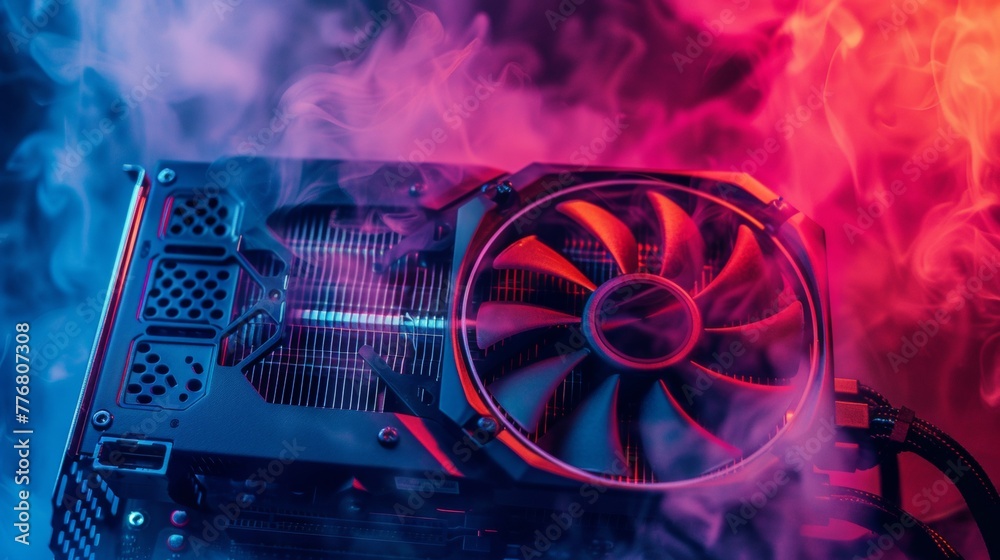 A computer processor unit is shown with a red and blue fan attached to ...