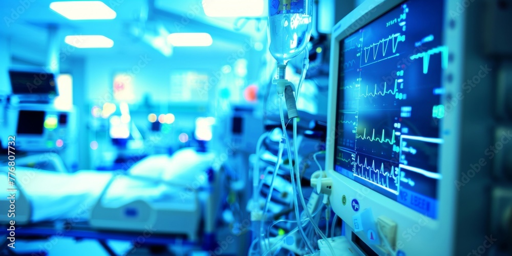 A hospital room filled with monitors and medical equipment. The ...