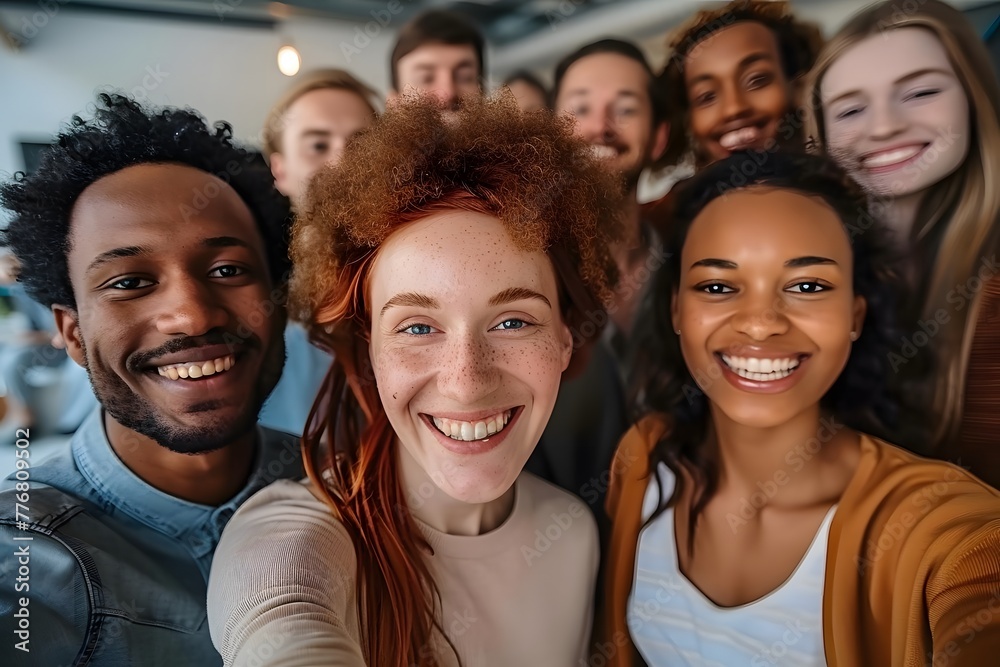 Multicultural happy people taking group selfie portrait in the office ...
