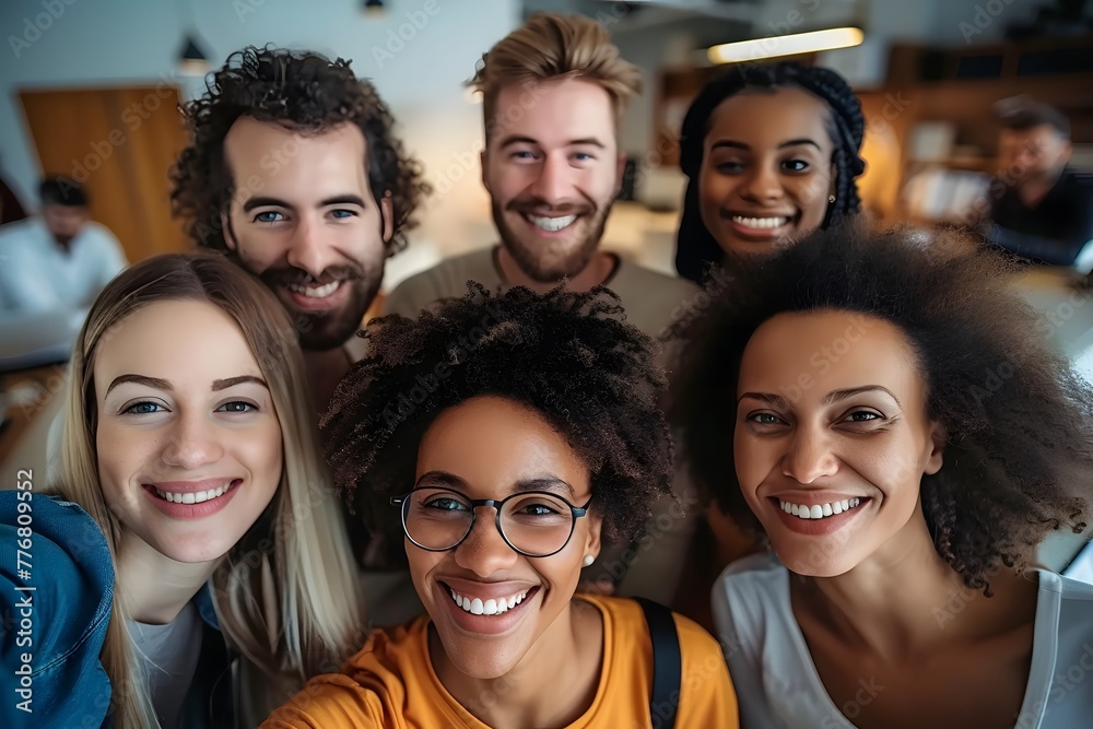 Multicultural happy people taking group selfie portrait in the office ...