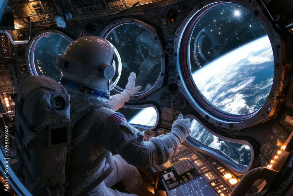 Inside the space station, astronauts float effortlessly, interacting ...
