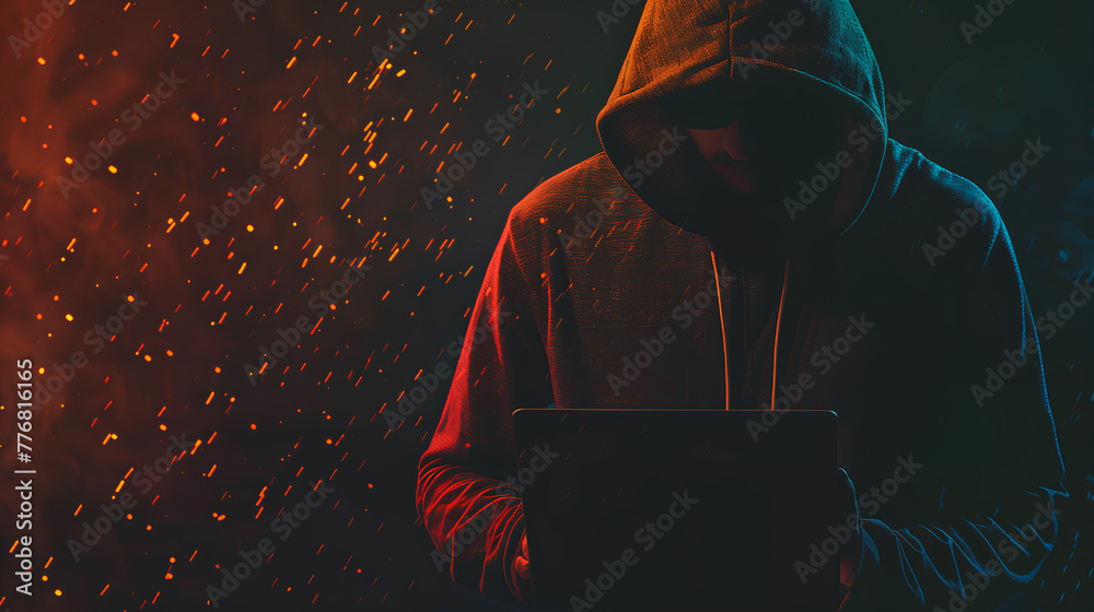 A man in a hoodie is typing on a laptop. The image has a moody and ...