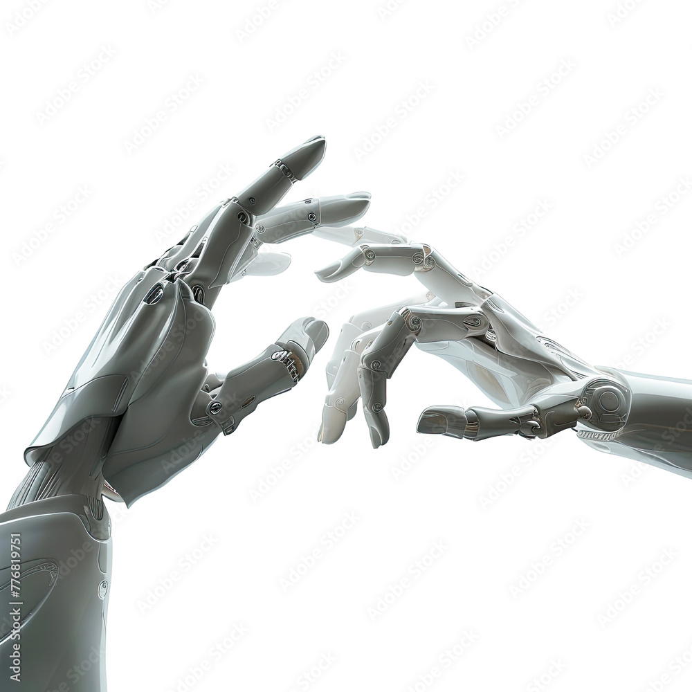 white robotic hand reaching out to touch a human isolated on ...
