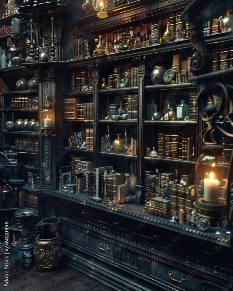 Moody shelves filled with ancient texts and random potions, in a hyper ...