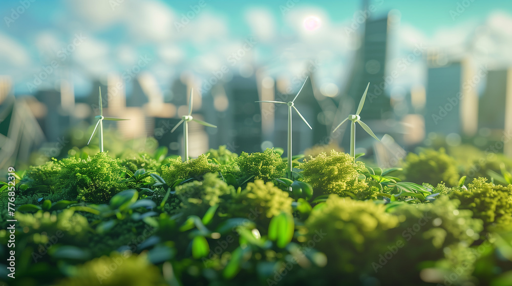Wind Turbines Amidst Urban Greenery and Skyline . Eco-friendly wind ...