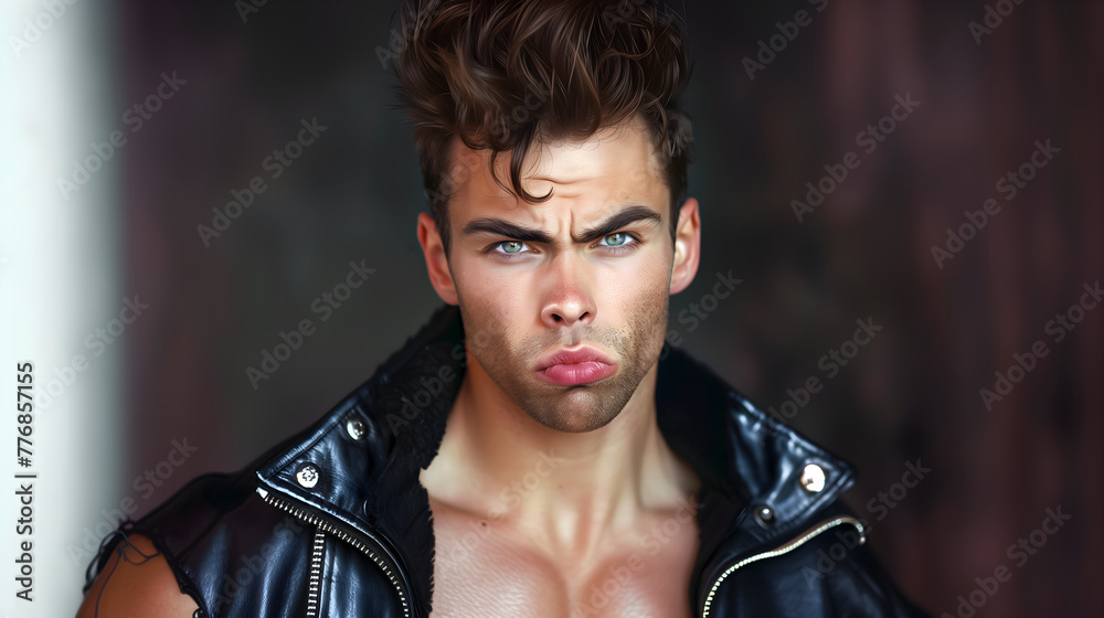 Brooding male model trying to look cool with an exaggerated pose ...