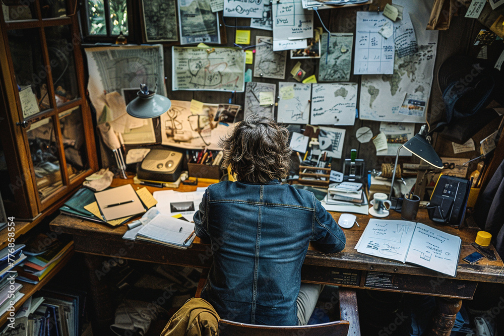 Scriptwriter brainstorming ideas, storyboard and notes scattered across ...