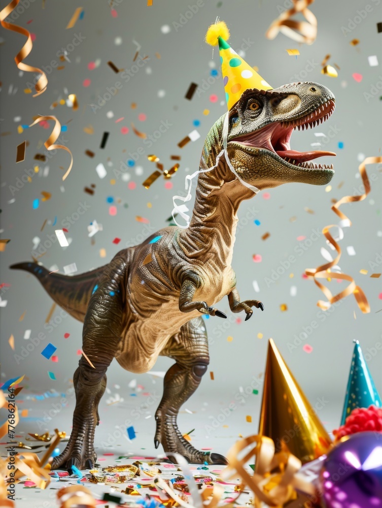 T-Rex Celebration. Dino Party Extravaganza. A T-Rex in a party hat ...