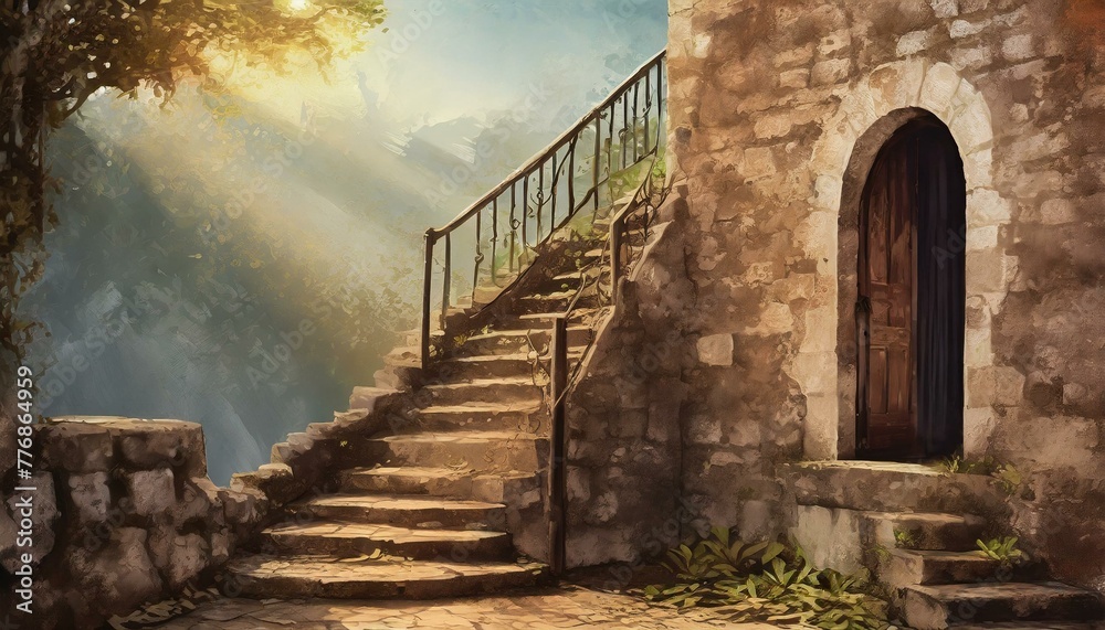 old stone stairs, wallpaper Background design old wall house with ...