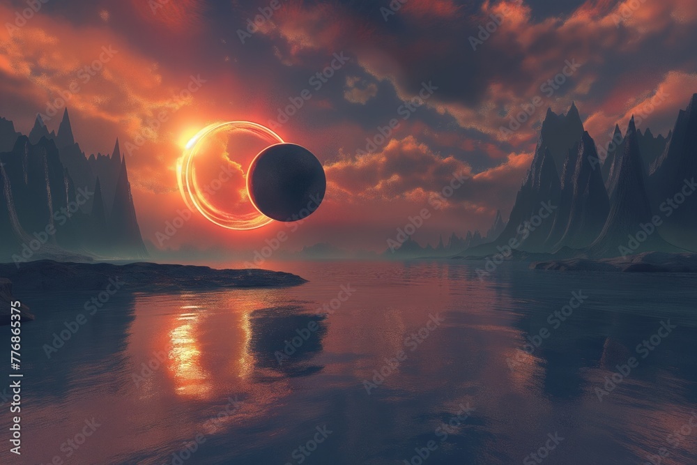 Solar eclipse in a fantasy world where two suns eclipse each other ...