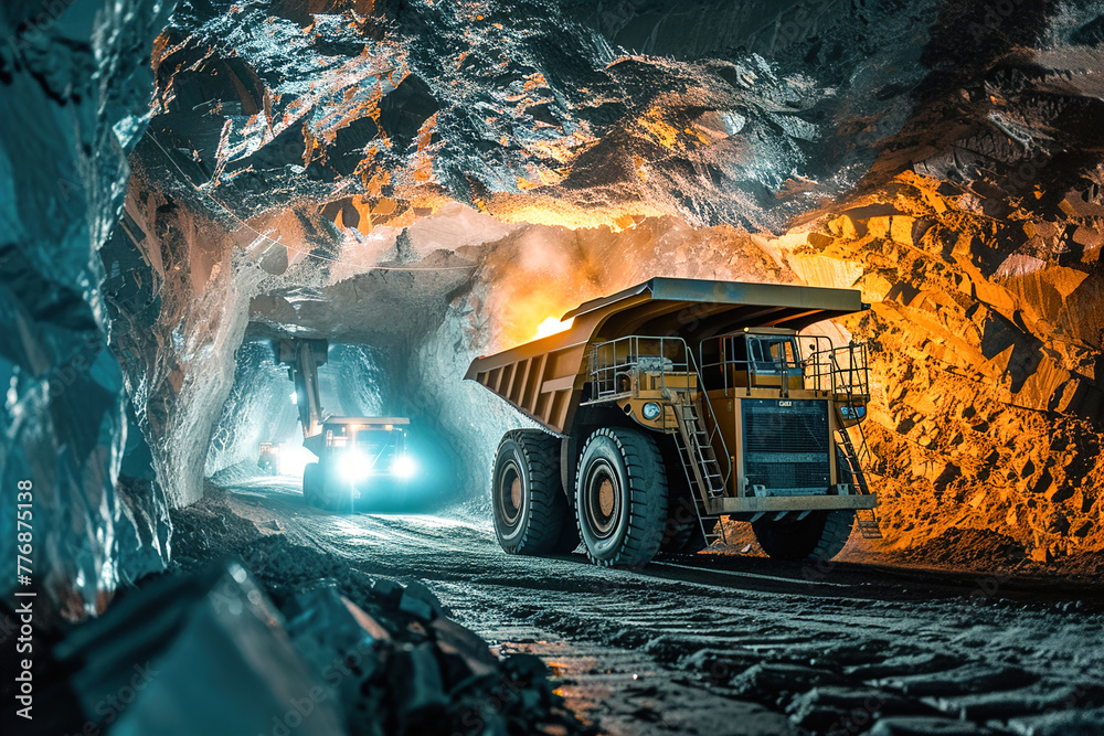 Robotics AI drilling deep for ore and transportation by trucks in the ...