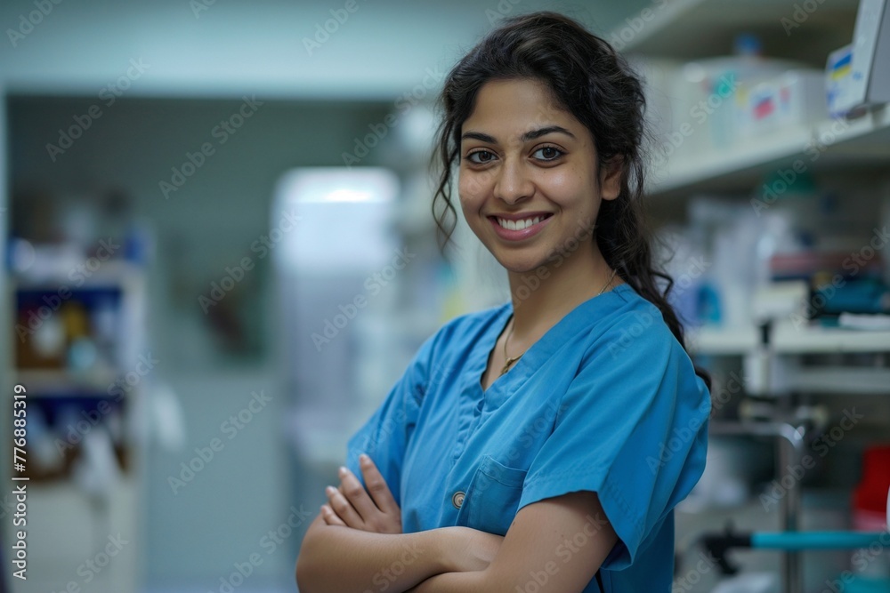 Attractive young Indian nurse wearing blue scrubs, smiling and standing ...
