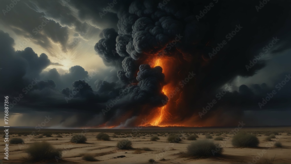 In the middle of a barren desert, a powerful explosion erupts, sending ...