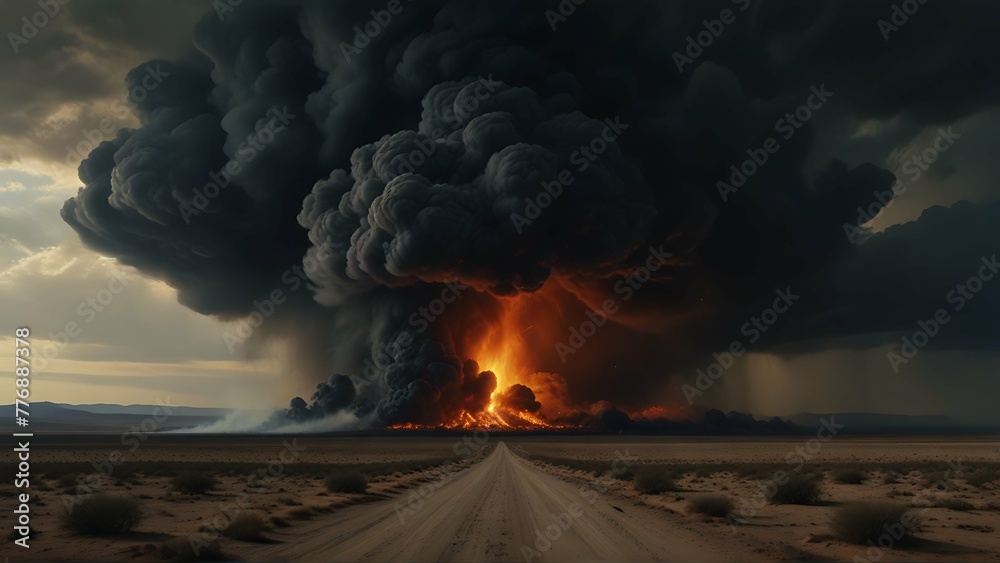 In the middle of a barren desert, a powerful explosion erupts, sending ...
