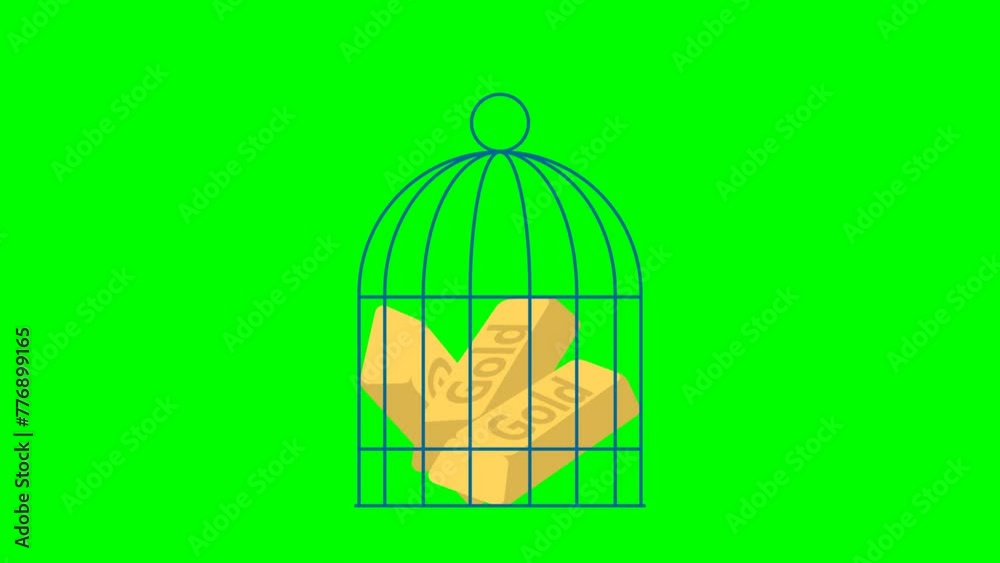 Cage is full of gold bars. Birdcage falls from above onto gold bars ...