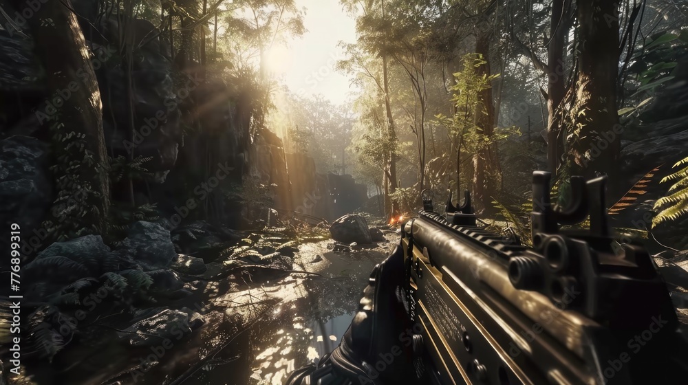 An immersive first-person shooter game view, set in a dense jungle ...