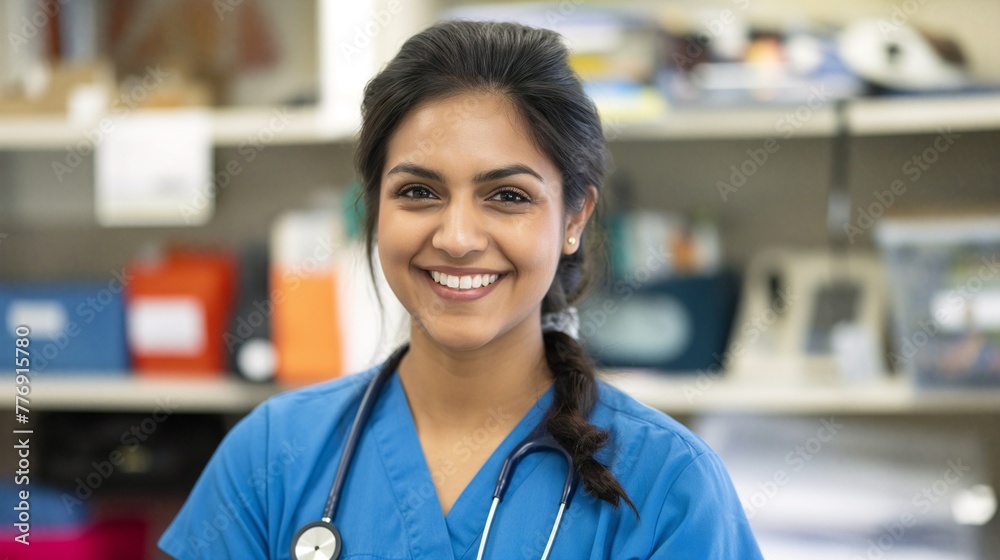 Attractive young Indian nurse wearing blue scrubs, smiling and standing ...