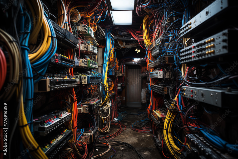 Chaotic mess of colorful wires and cables in a dark server room or data ...