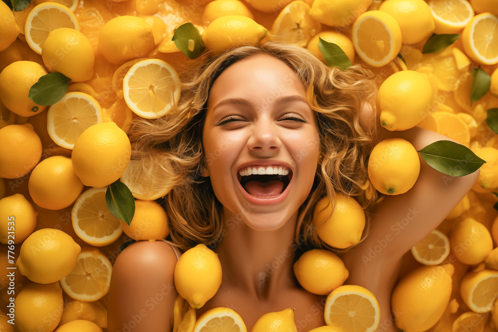 Smiling young woman lying covered in a pile of natural and healthy ...