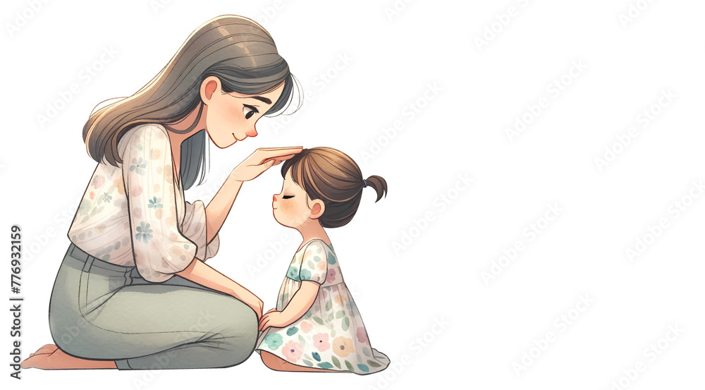 mother kneeling down to be eye-level with her young daughter touching ...